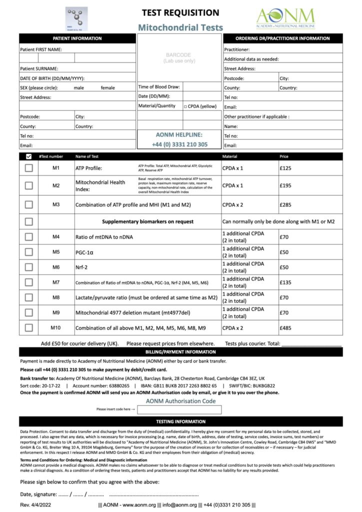 Mitochondria order form | Academy of Nutritional Medicine